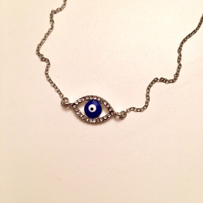 Silver Plated Evil Eye Rhinestone Necklace Rhinestone Blue - Etsy