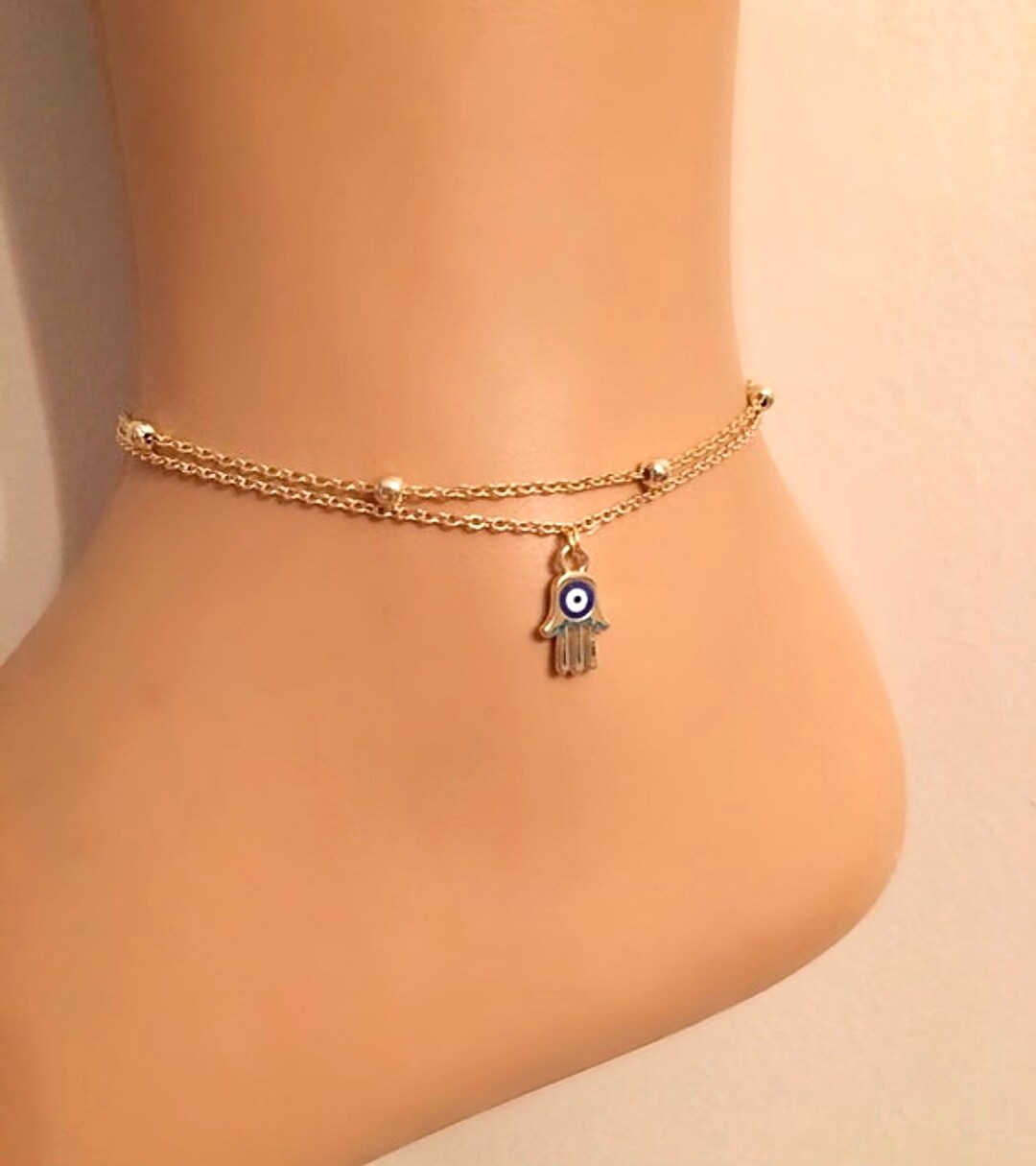 Gold Plated Evil Eye Hamsa Hand Ankle Bracelet, Evil Eye Charm Anklet ...