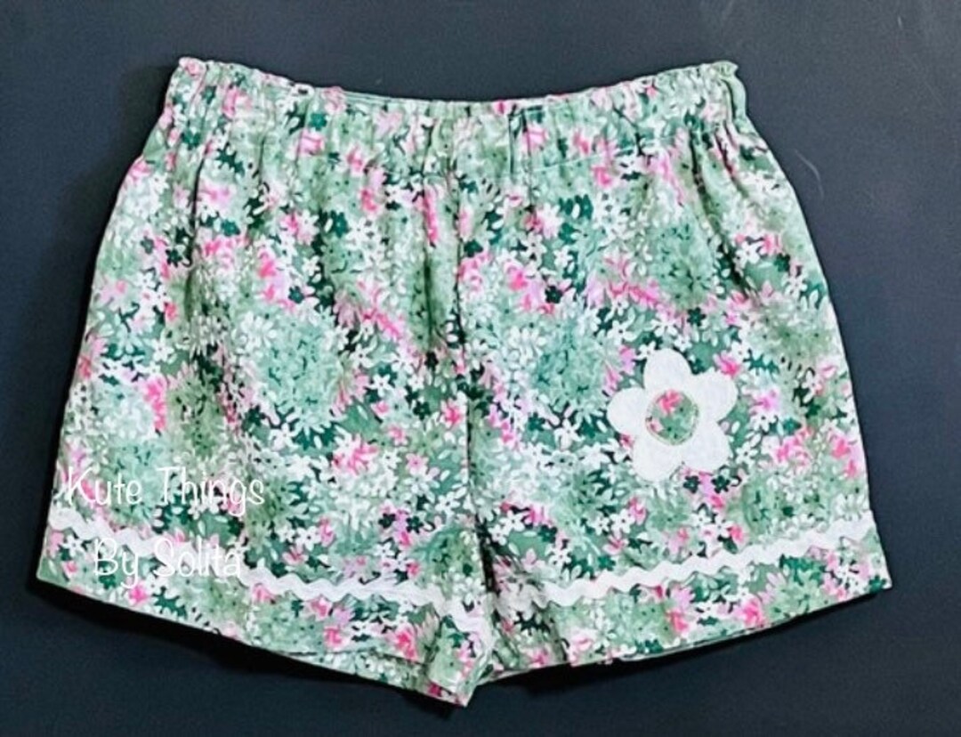 Girls Summer Shorts, Girls Green Floral, Appliqué Flower Shorts ...