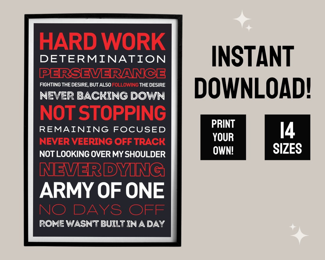 HARD WORK -army of One Motivational Quotes Poster 24x36 INSTANT ...