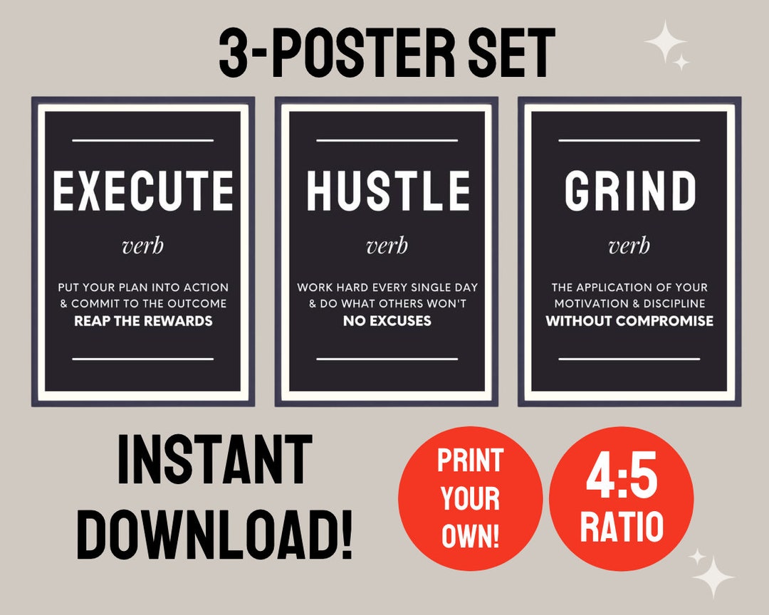 EXECUTE HUSTLE GRIND Verbs 3-poster- Motivational Poster Instant ...