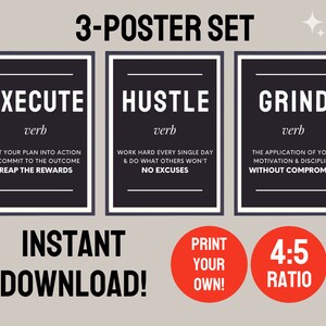EXECUTE HUSTLE GRIND Verbs 3-poster- Motivational Poster Instant Download, Digital File, Print ...