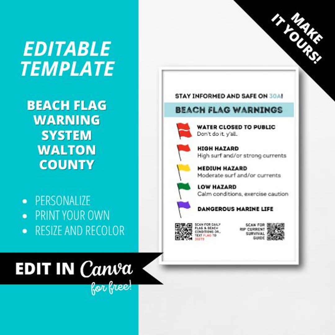 EDITABLE TEMPLATE 30A, Destin, Walton County, Beach Flag Warning Chart ...
