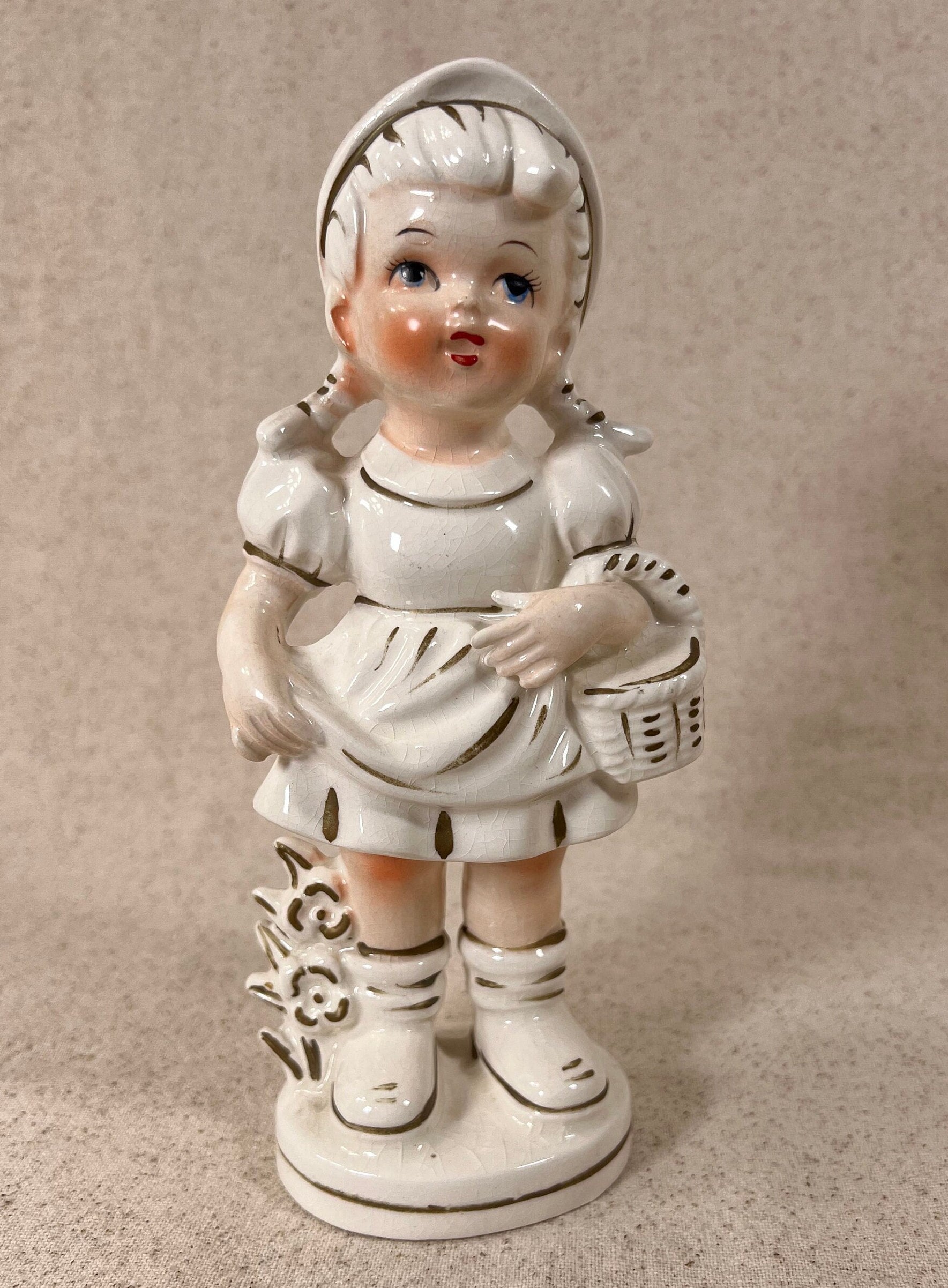 Ceramic Girl in White Dress With Basket Figurine - Etsy