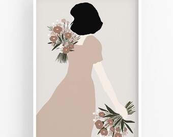 Flower Lady Front Bouquet Art Print, Women Holding Flowers, Botanical ...