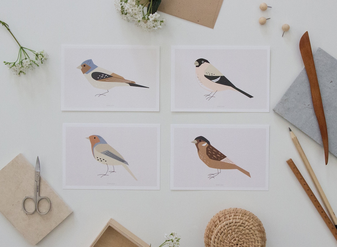 Birds Postcard Set of 4 Modern Birds Print Set - Etsy
