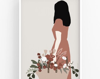 Flower Lady Front Bouquet Art Print, Women Holding Flowers, Botanical ...