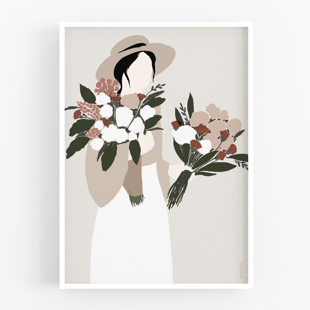 Flower Lady Hat Lady Art Print, Women Holding Flowers, Botanical Woman ...
