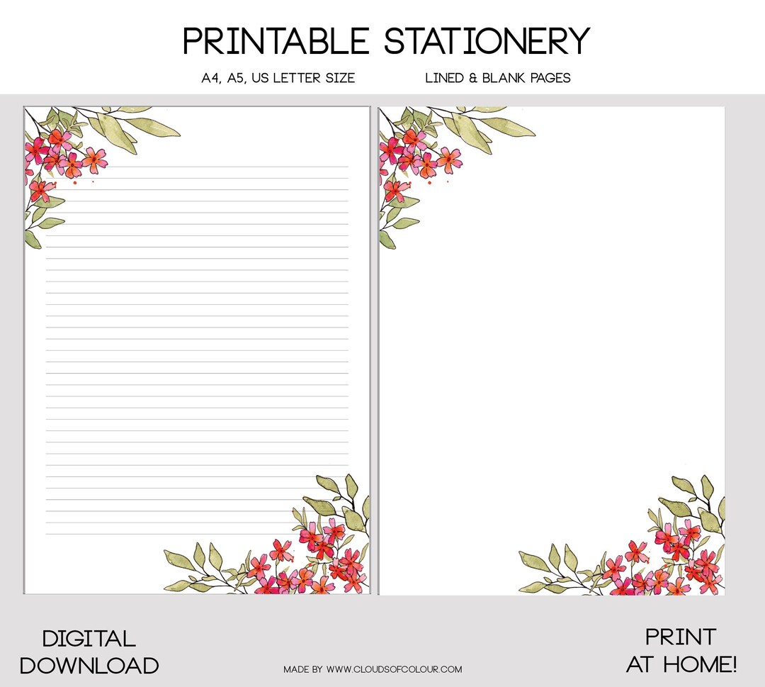 Printable Stationery Note Paper Letter Writing Set Watercolor Florals ...