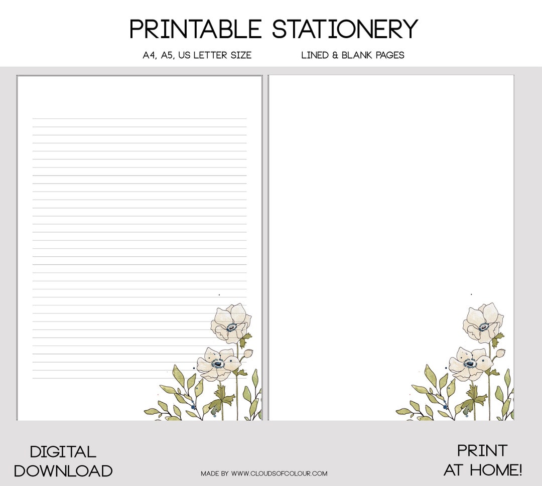 Printable Stationery Note Paper Letter Writing Set Watercolor Florals ...