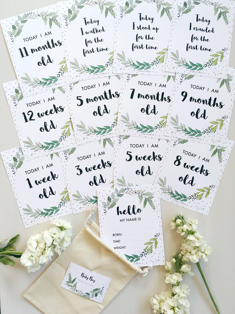 Baby Milestone Cards Printable Floral Leaf Watercolor Baby Shower Gift ...