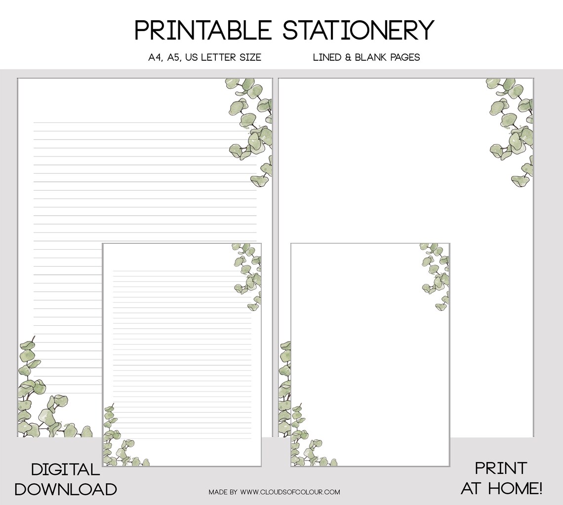 Printable Stationary Note Paper Letter Writing Set Watercolor Simple ...