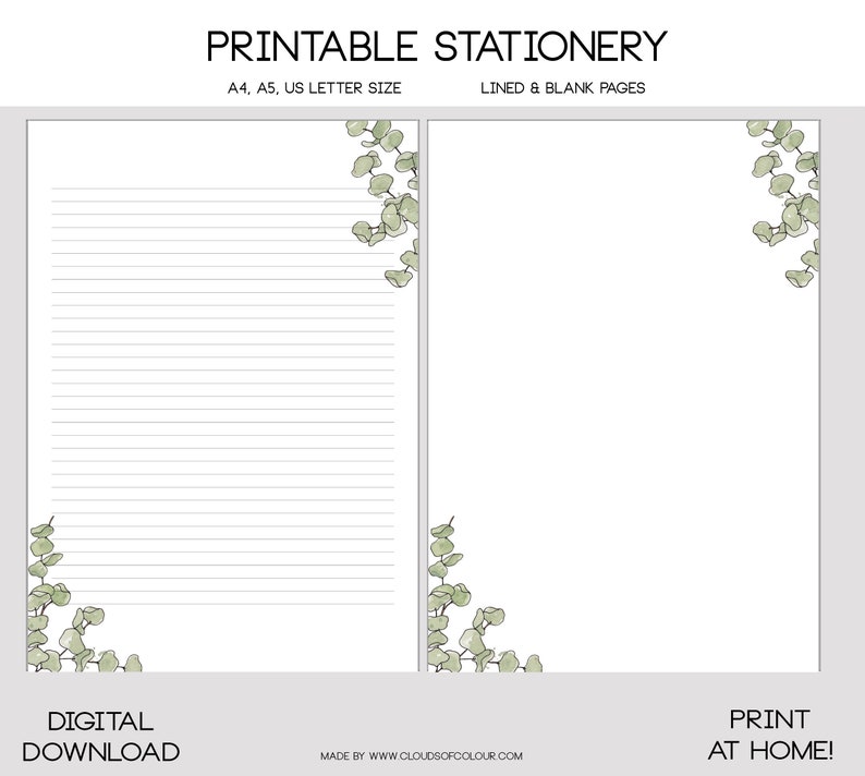 Printable Stationary Note Paper Letter Writing Set Watercolor Simple ...