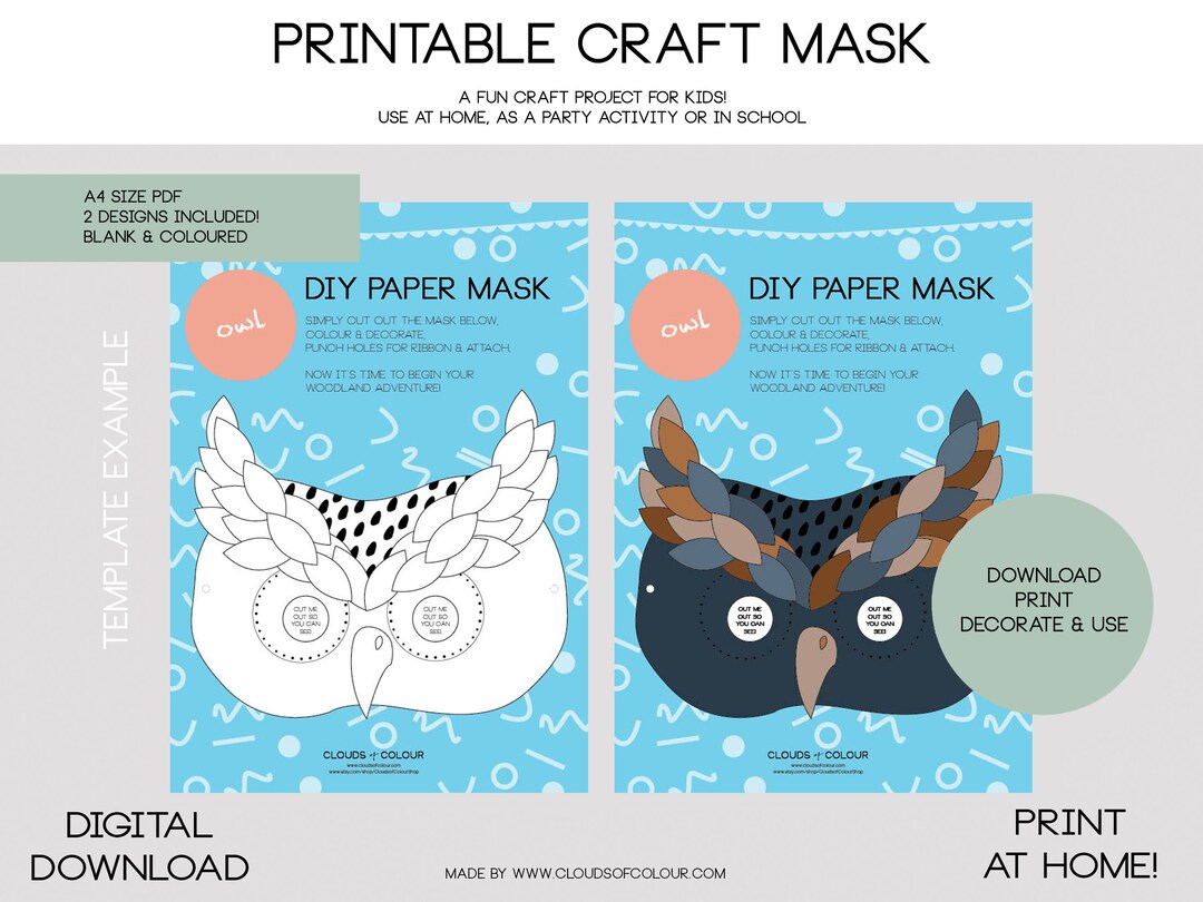 Owl Paper Mask Kids Costume, Owl Party Mask, Owl Masquerade Mask, Owl ...