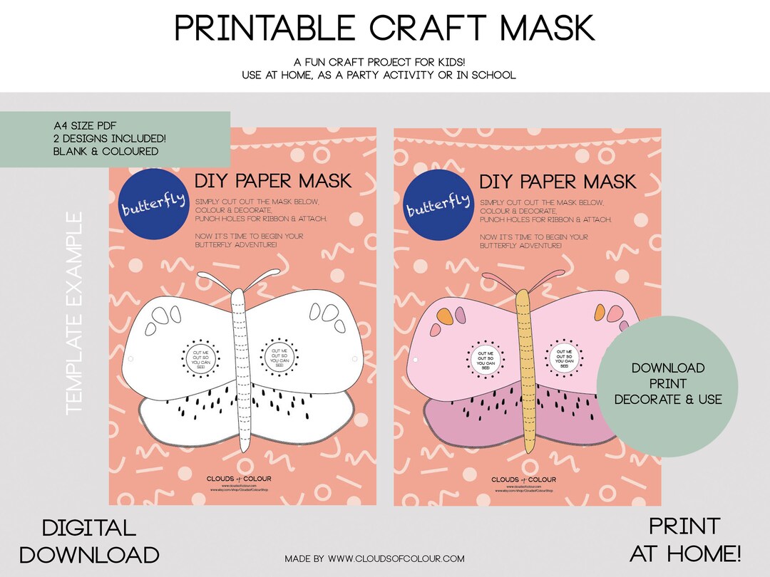Butterfly Paper Mask Kids Costume, Party Mask, Masquerade Mask ...