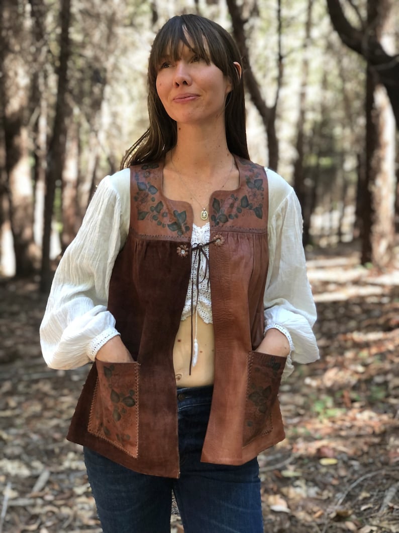 Vintage 70s Char Leather Top Vest Handpainted Women's Floral Flower ...