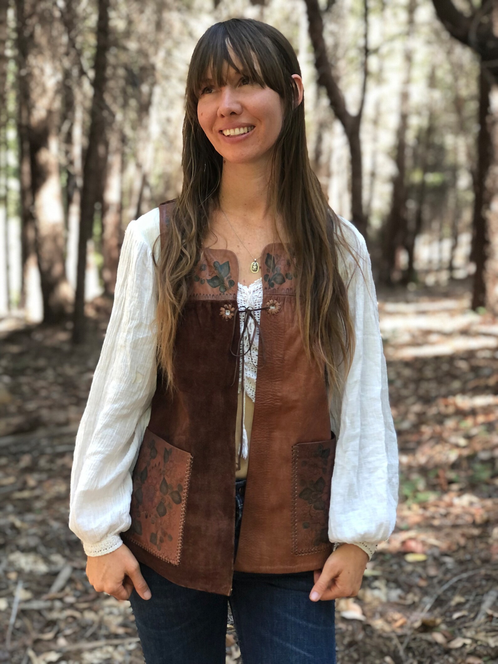 Vintage 70s Char Leather Top Vest Handpainted Women's Floral Flower ...