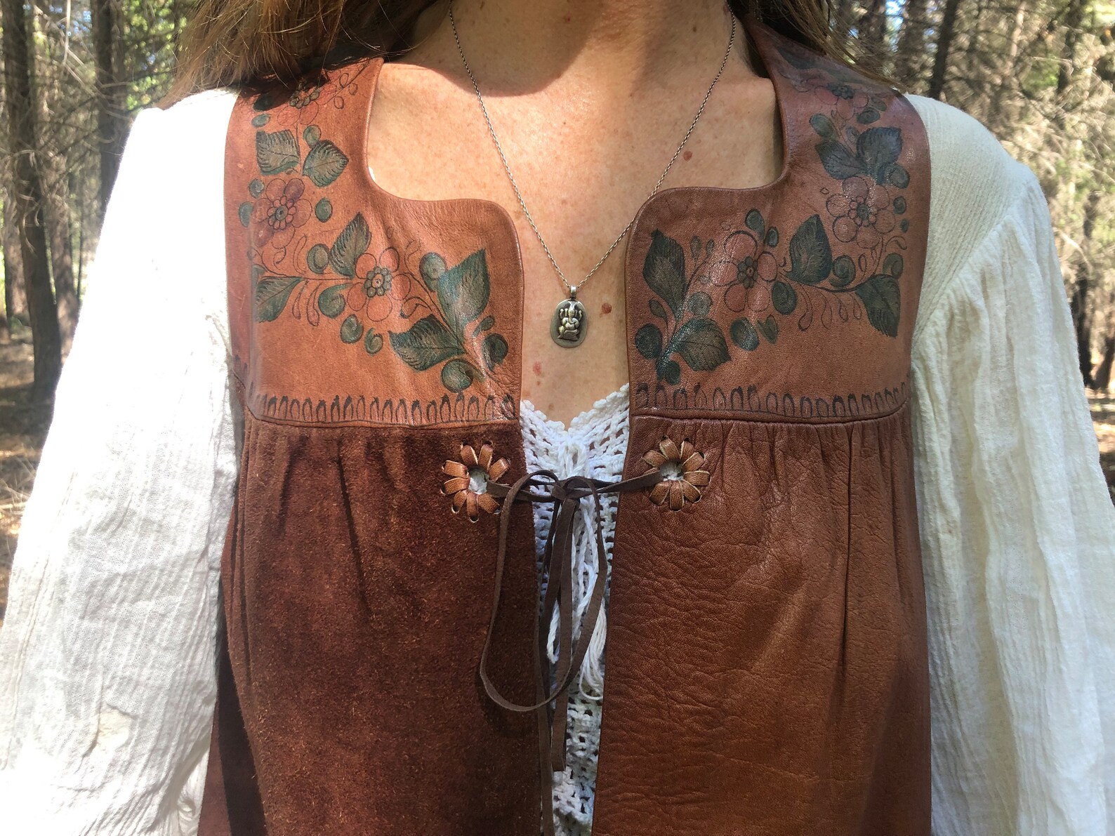 Vintage 70s Char Leather Top Vest Handpainted Women's Floral Flower ...