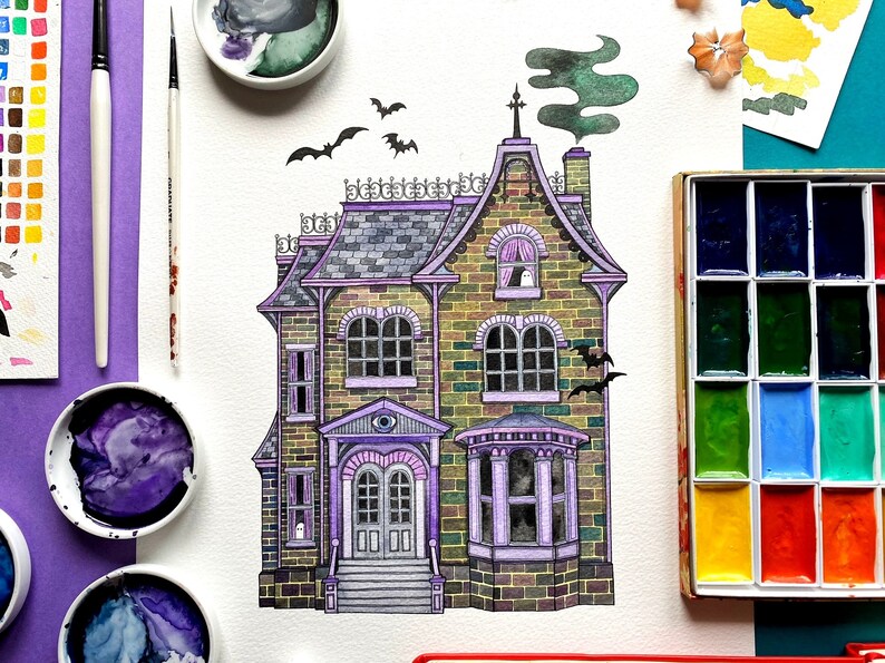 Haunted House Watercolour Painting. Haunted House - Etsy UK