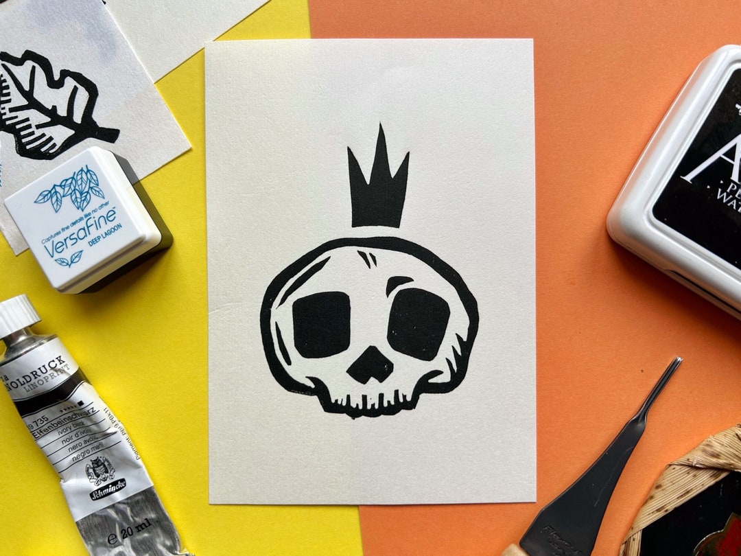 Skull King Lino Print. Skeleton King Print. Crown Lino Print. Skull and ...