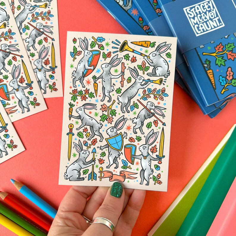 Medieval Duelling Rabbits A6 Postcard: Marginalia Bunny Postcard ...