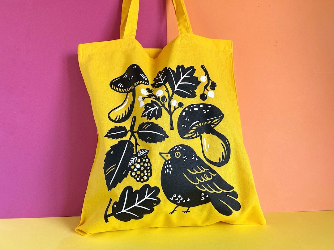 Yellow Blackbird Tote Bag. Screen Printed Tote Bag. Mushroom Tote Bag ...