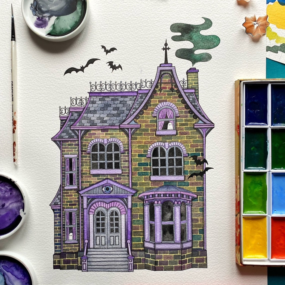 Haunted House Watercolour Painting. Haunted House - Etsy UK
