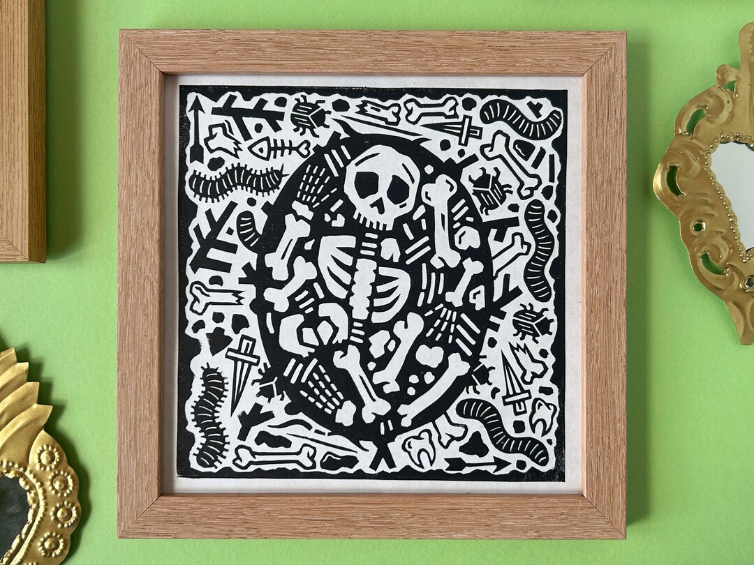 Archeology Skeleton Lino Cut Print. Skeleton Lino Print. Bugs and Bones ...