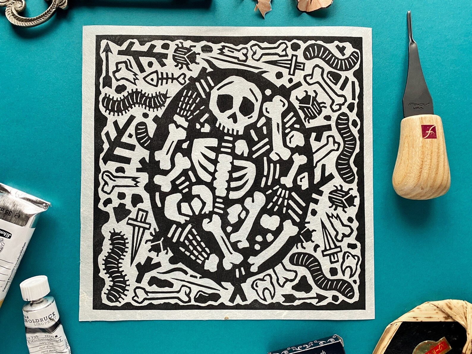Archeology Skeleton Lino Cut Print. Skeleton Lino Print. Bugs | Etsy UK