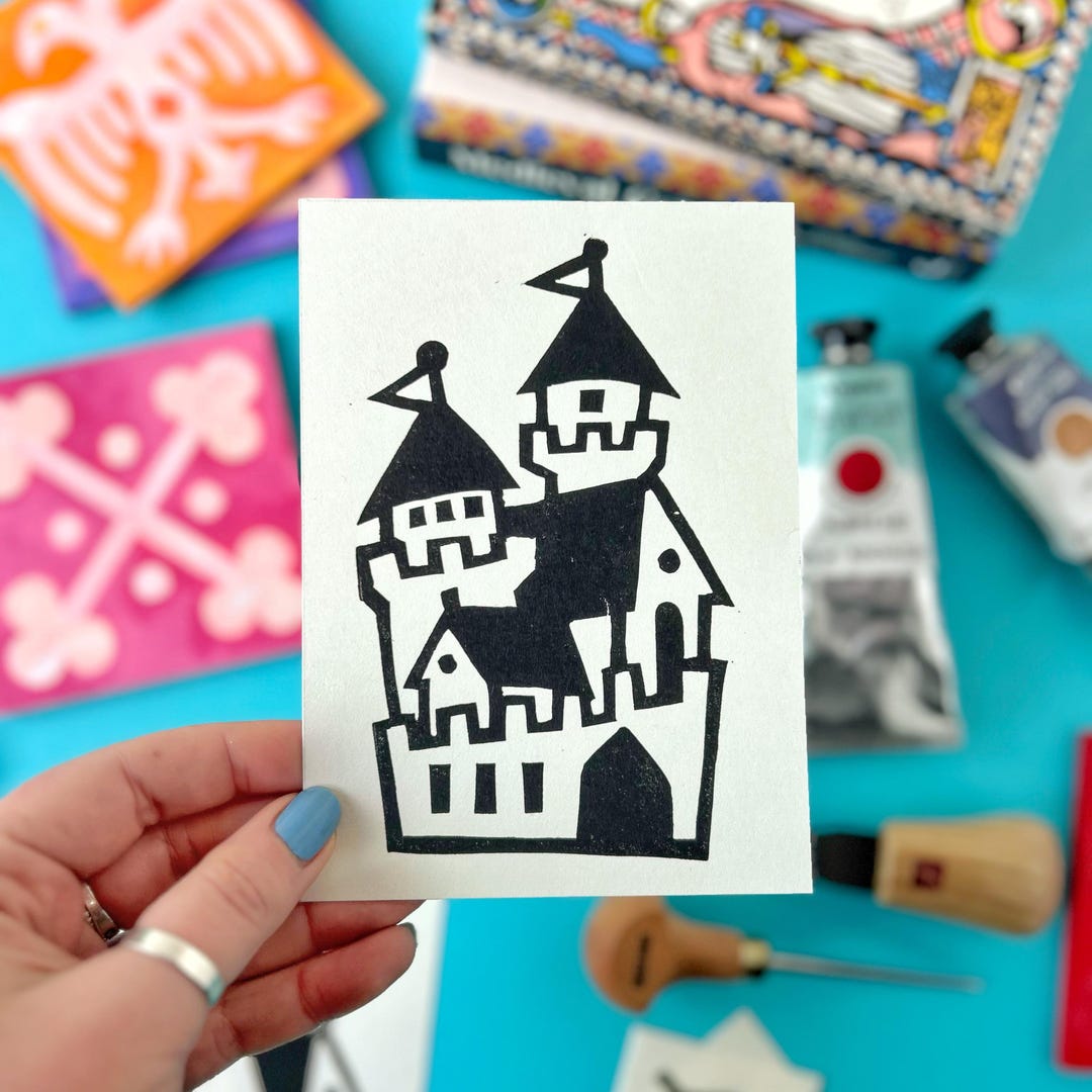 Mini Medieval Castle Lino Print. Medieval Marginalia Print. Original ...