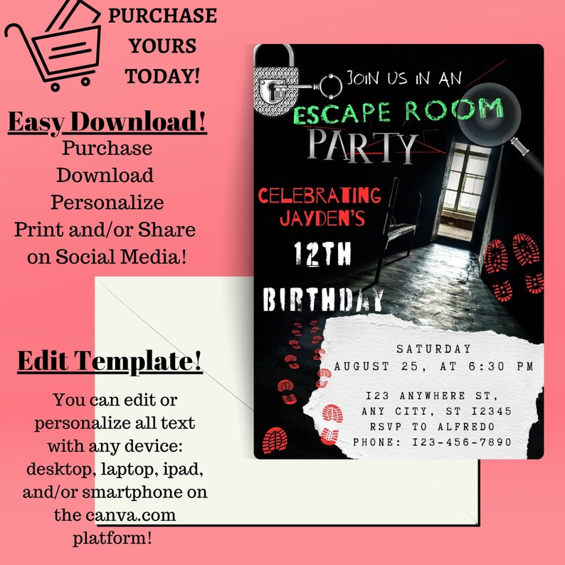 Escape Room Birthday Invitation, Digital Escape Room Invitation, CANVA ...