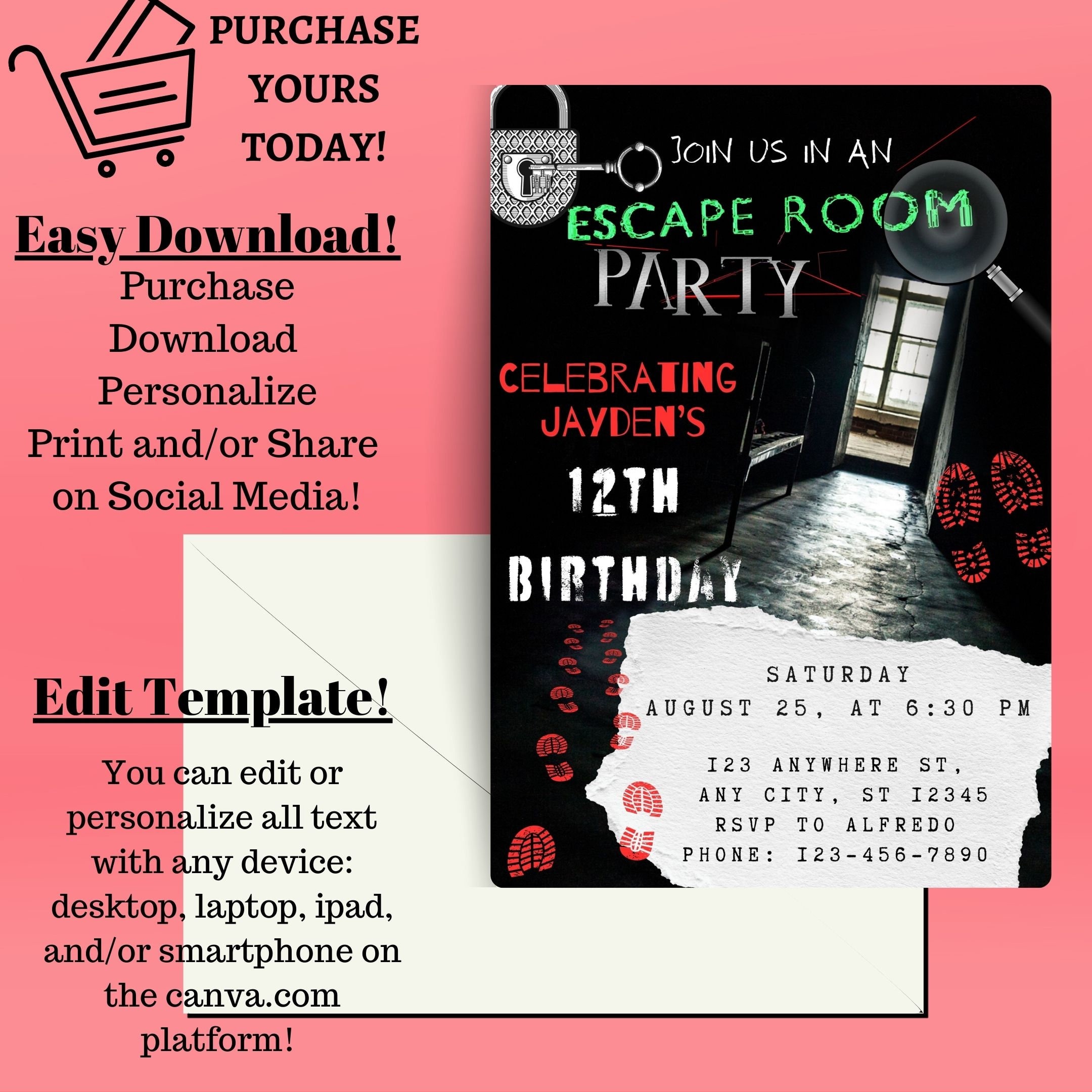 Escape Room Birthday Invitation, Digital Escape Room Invitation, CANVA ...