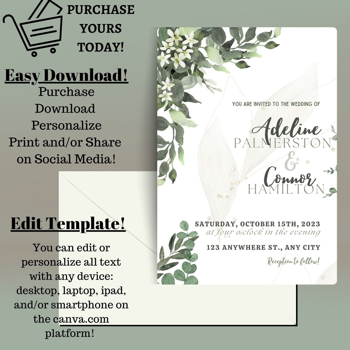 GREENERY Wedding Invitation Template Printable Wedding - Etsy