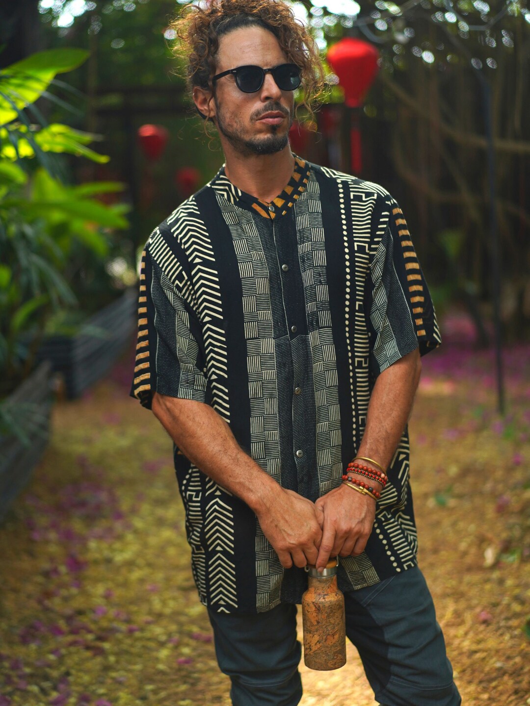 Men's Geometric Print Button up Shirt, Comfy Summer Button Down Shirt ...