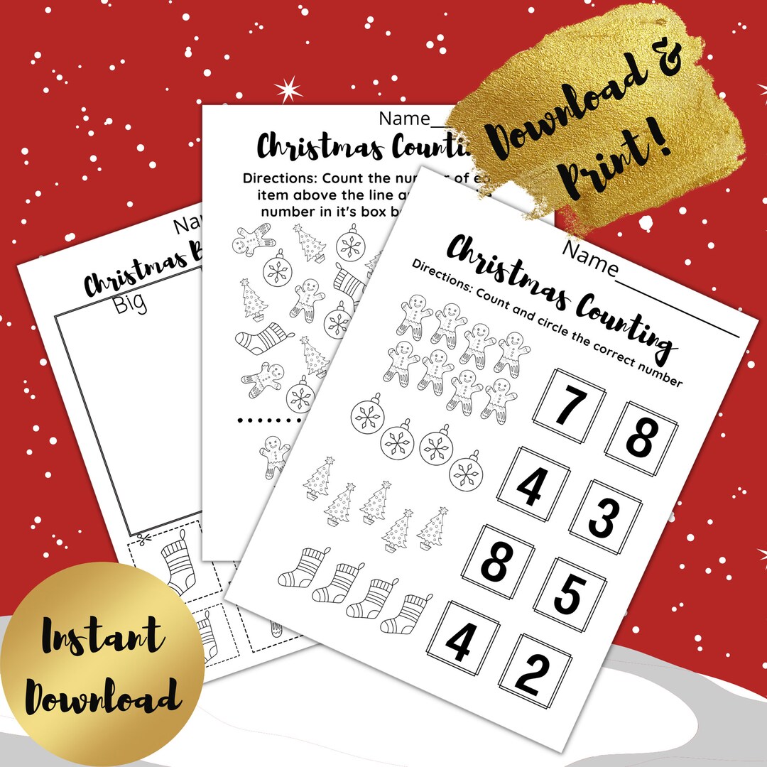 Christmas Pre-k Kindergarten Math Counting Worksheets Holiday Cute - Etsy