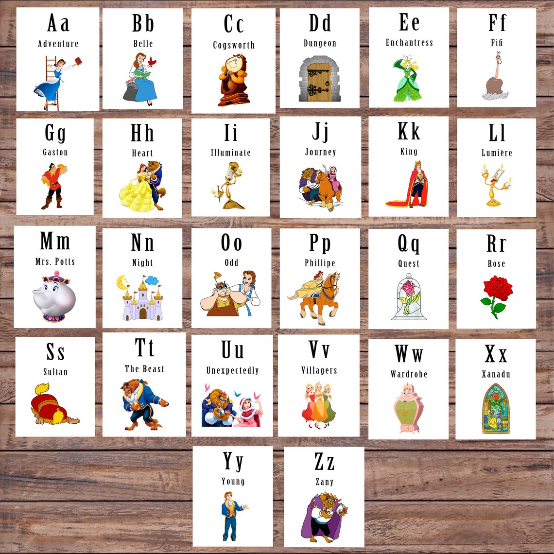 Beauty & Beast Alphabet Flash Cards, Princess Learning Toys, Printable ...