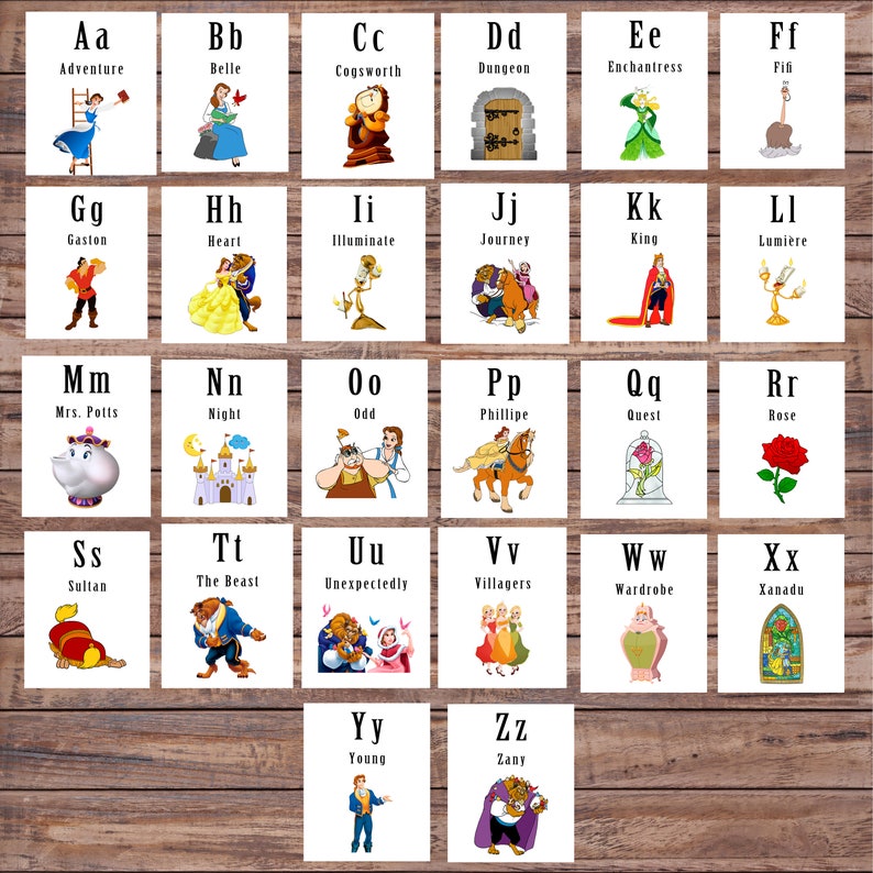 Beauty & Beast Alphabet Flash Cards, Princess Learning Toys, Printable ...