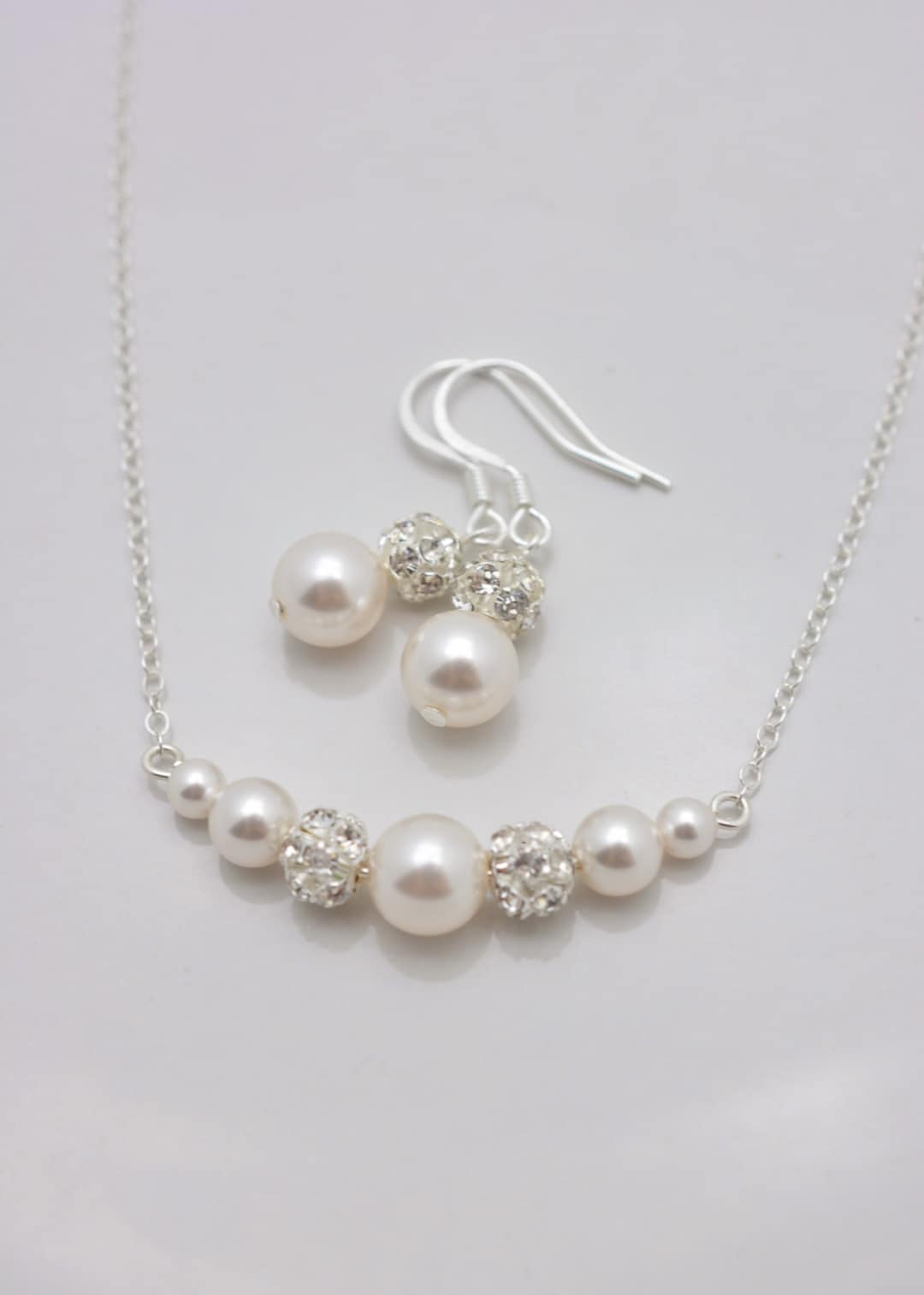 Pearl Bridal Set, Pearl and Rhinestone Necklace and Earrings, Wedding ...