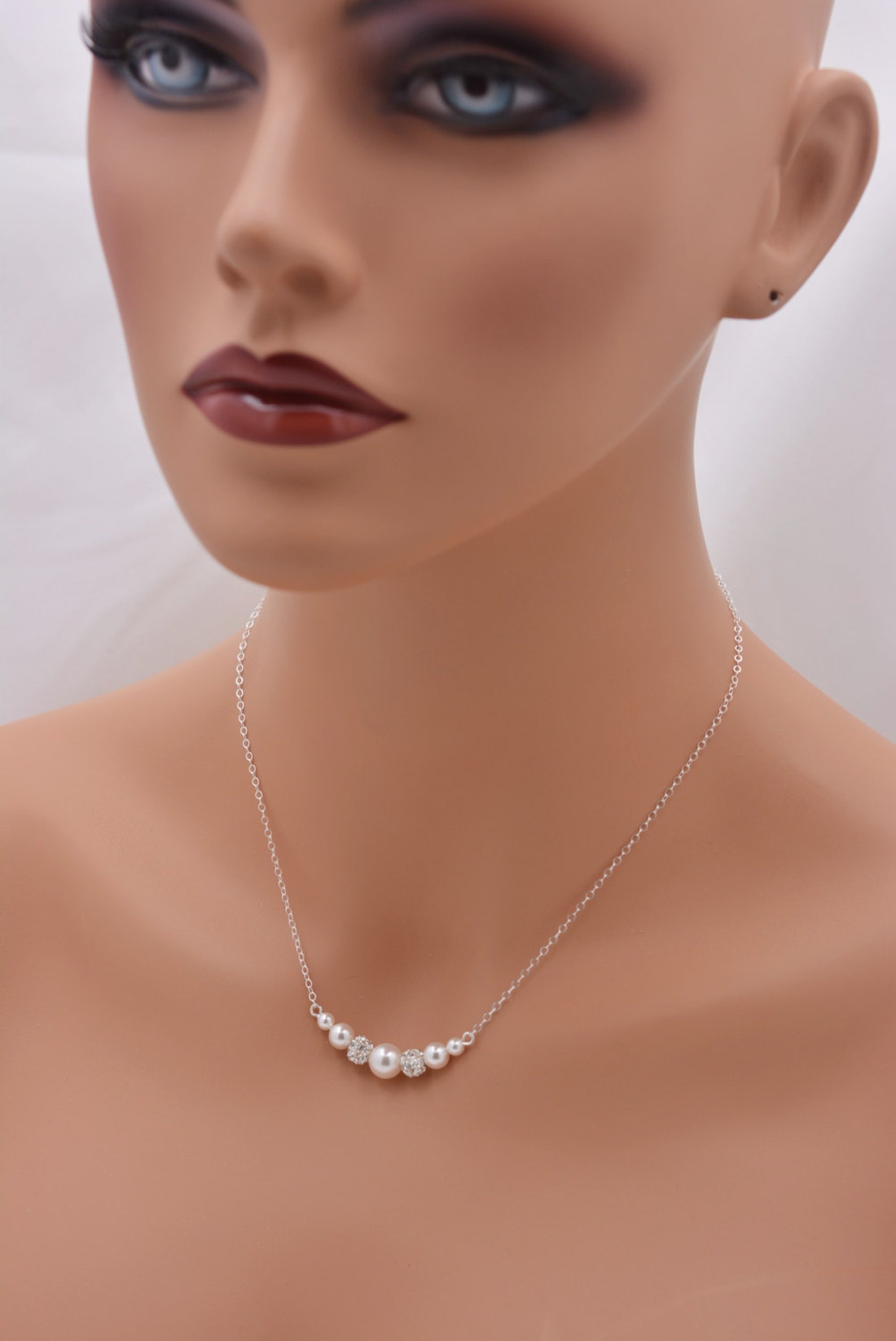 Pearl and Rhinestone Bridal Necklace, Floating Pearl and Crystal ...