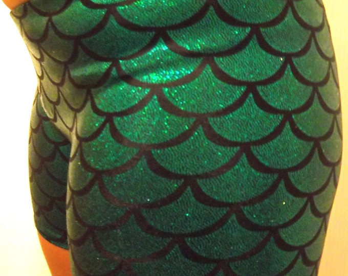 Green on Black Holographic Mermaid Shorts, Vollyball Spendex Shorts for ...