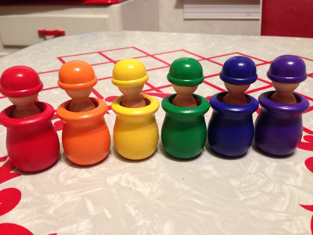 12 Piece Waldorf Toy Wooden Rainbow Peg Dolls and Cups - Montessori ...
