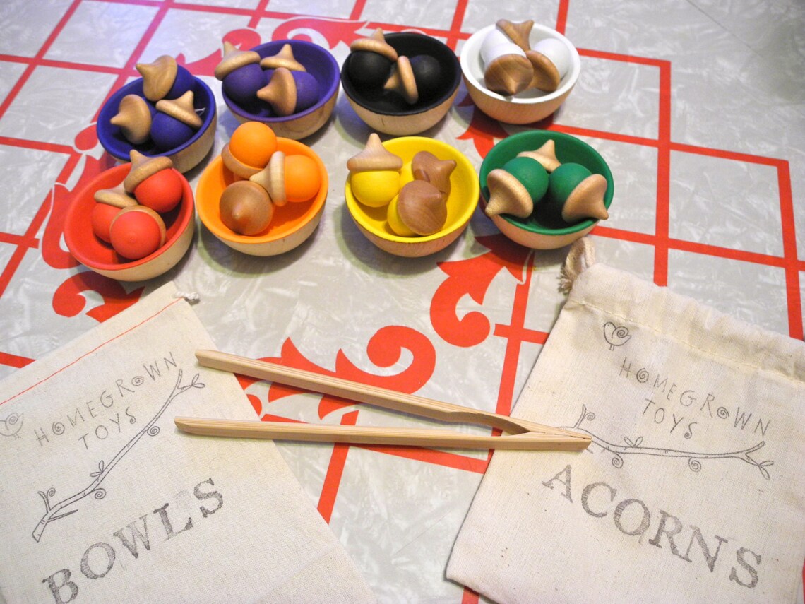 Set of 24 Rainbow Sorting Acorns and 8 Bowls , Educational Toy ...