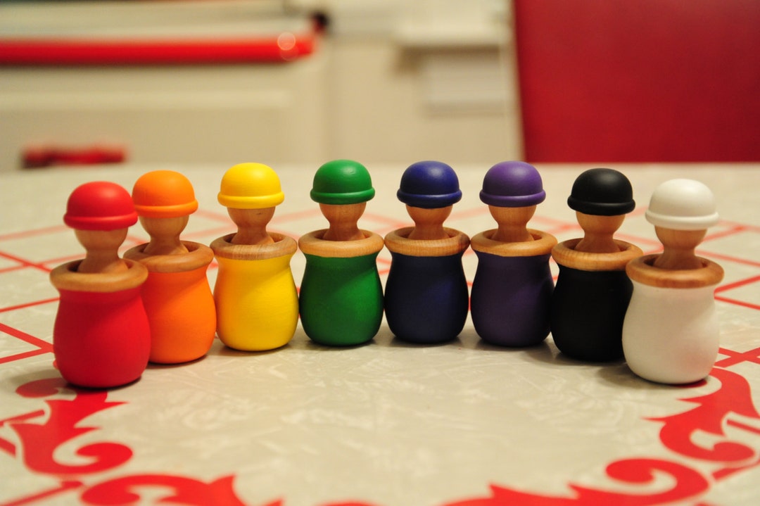 16 Piece Waldorf Toy Wooden Rainbow Peg Dolls and Cups - Montessori ...