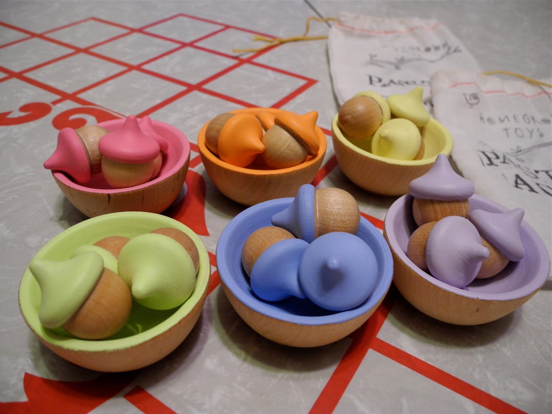 Montessori Wooden Acorn Sorting Set, Pastel Rainbow Bowls, Fine Motor ...