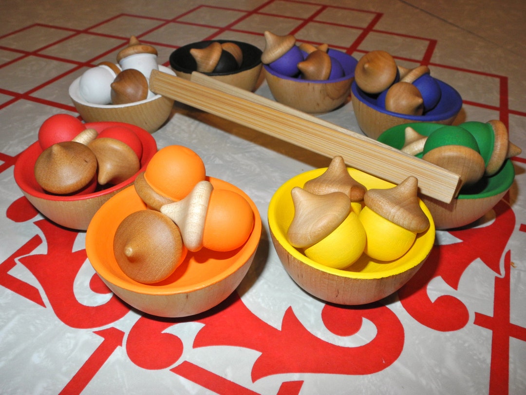 Rainbow Acorn Sorting Set, Montessori Wooden Toy With Bowls & Tongs - Etsy