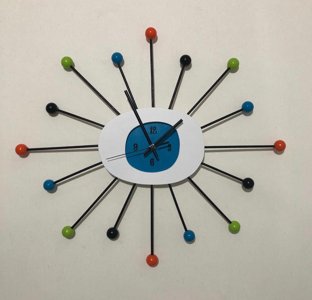Blue Teal 4 #s Mid Century Modern Starburst Atomic Ball Clock. Hand ...