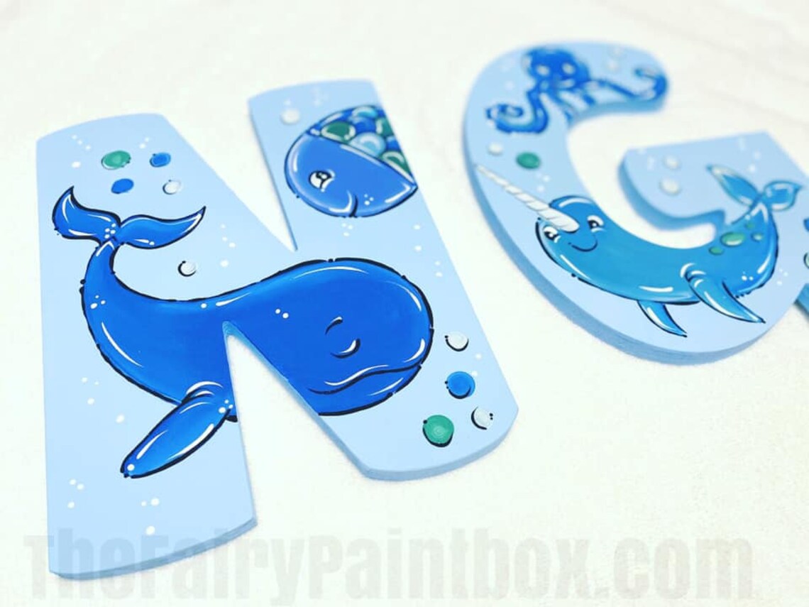 Whale Nursery Wall Painted Letters Nautical Monogram Ocean | Etsy