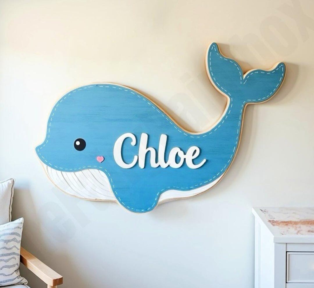Cute Baby Whale Decor Sign, Nautical Kids Name Sign, Ocean Nursery Room ...