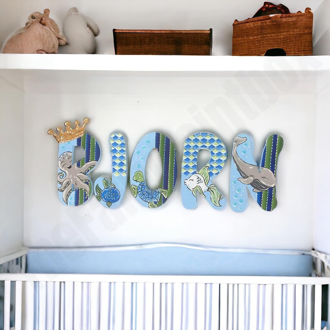 Baby Blue Ocean Painted Wood Letters, Under Sea Wall Decor Letters ...