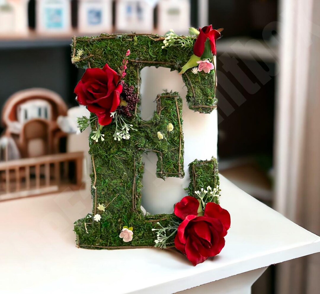 Red Rose Moss Wall Letter Monogram, Botanical Baby Name Sign, Nature ...